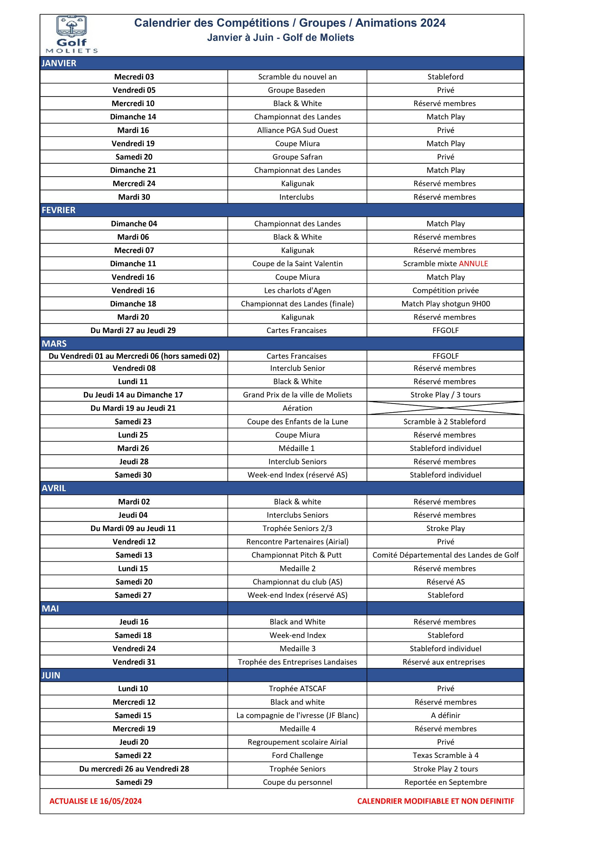 Calendrier des compétitions du golf de Moliets